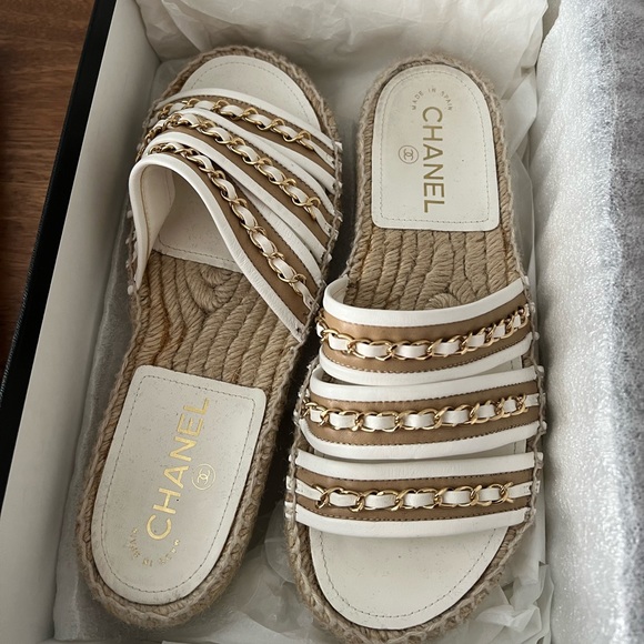 CHANEL | Shoes | Chanel Lambskin Beige White Espadrille Sandal Size 38 ...